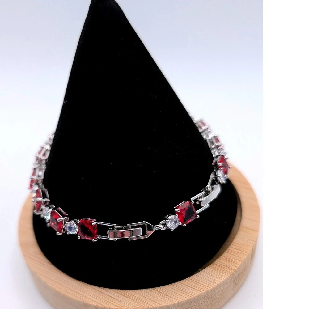 Jewelry | Ruby Red Emerald Cut Tennis Bracelet Silver Tone Clear ...
